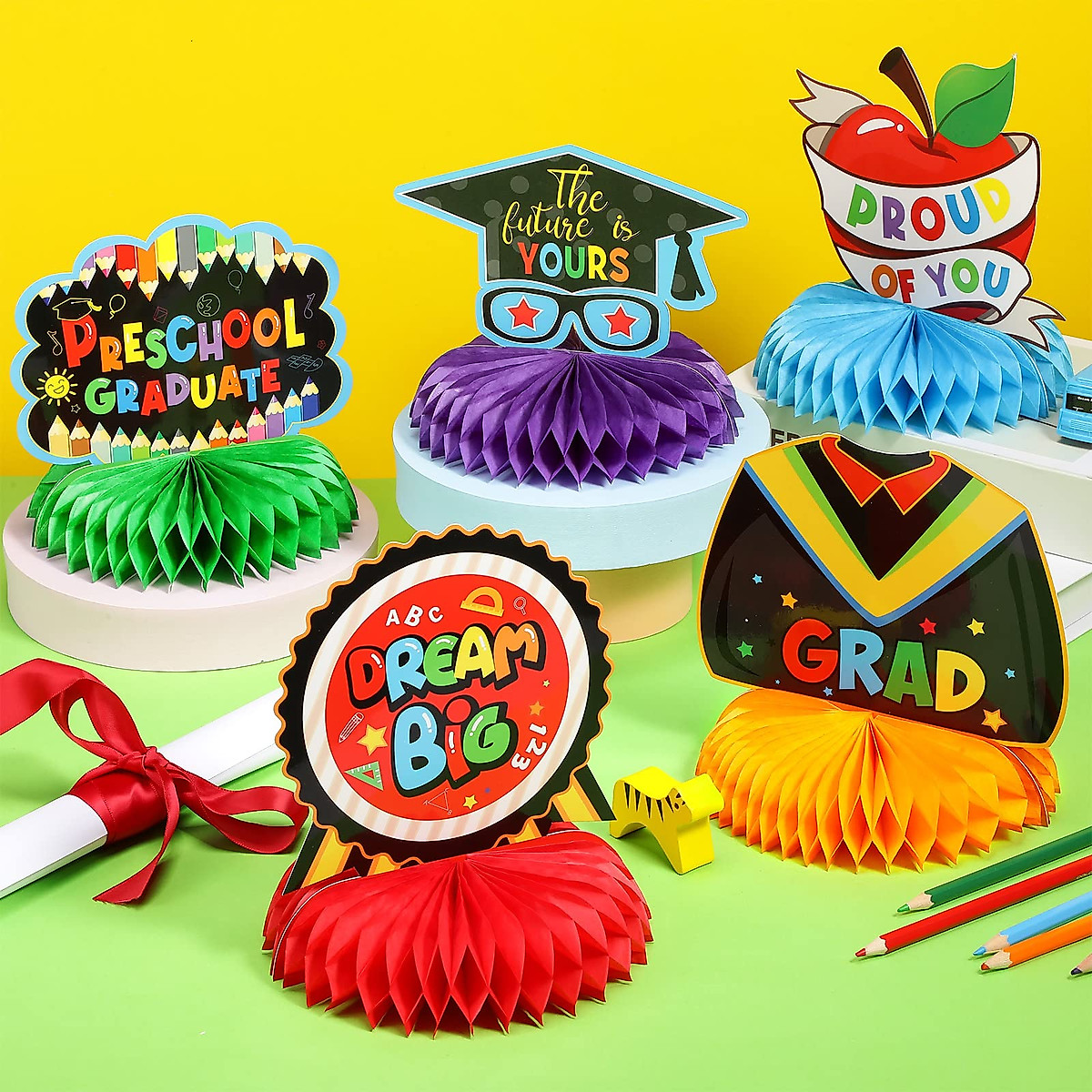 Outus 12 Pcs Preschool Graduation Party Decorations 2024 Kindergarten Graduate Party Honeycomb Centerpieces Congrats Grad Table Toppers for Class of 2024 Elementary Celebration Graduation Party