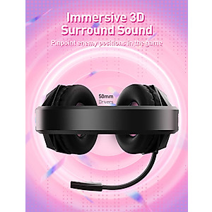 MW ACC CA Gaming Headset Pink for PS4, PS5, PC, Xbox One, Over Ear Headphones with Noise Cancelling Mic, PC Headset with Bass Surround Sound, LED Light, for Laptop Mac Switch, Girls, Kids