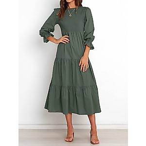 BTFBM Women Casual Long Sleeve Dress Fall Dresses 2025 Solid Color Relaxed Fit Smocked Tiered Flowy Boho Long Dresses(Solid Army Green,Large)