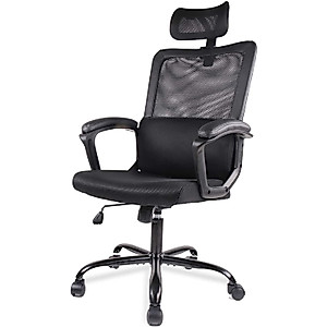 SMUG Ergonomic Mesh High Back Computer Adjustable Headrest,Lumbar Support, Tilt Function,Swivel Rolling, Soft PU Armrest Task Home Office Desk Chairs, Black