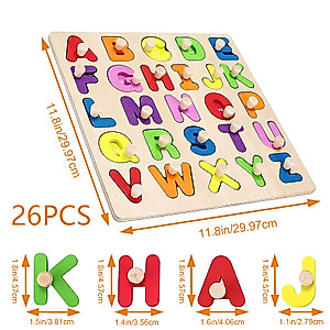 CCMTangHong Wooden Alphabet Puzzle ABC ，Letter Puzzle with Button,Montessori Matching Game Jigsaw Toy，Educational Early Learning Toy Gift for Preschool Year Old Kids