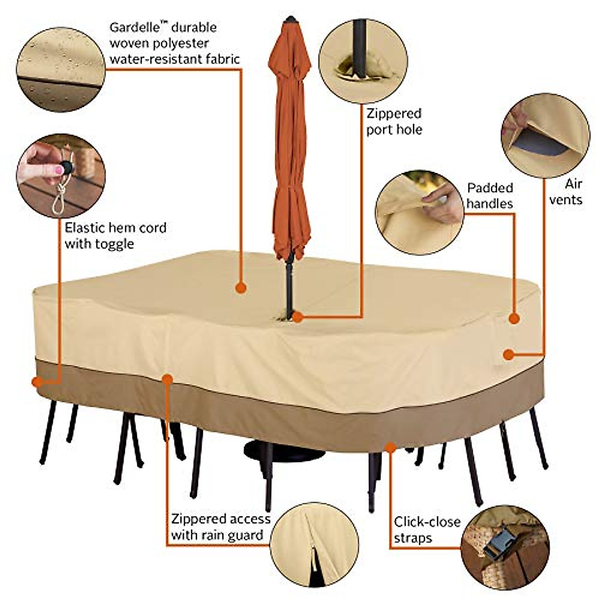 Classic Accessories Veranda Patio Table Cover with Umbrella Hole Pebble/Large/Rectangular/Oval, Outdoor Table Cover