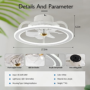 7000FAN Flush Mount Ceiling Fans with Lights Remote Control, Dimmable LED Light 6 Speed Enclosed Ceiling Fan, Low Profile Bladeless Ceiling Fan for Bedroom/Living Room/Small Space, White
