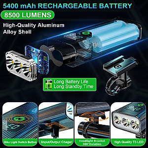 Newest Cuytgsg 9000 Lumen Super Bright Bike Lights for Night Riding,360°Rotatable Bike Headlight With LCD,3 LED Bicycle Light-10 Modes,Runtime 24+ hrs,Waterproof Rechargeable Bike Light,Free Taillight