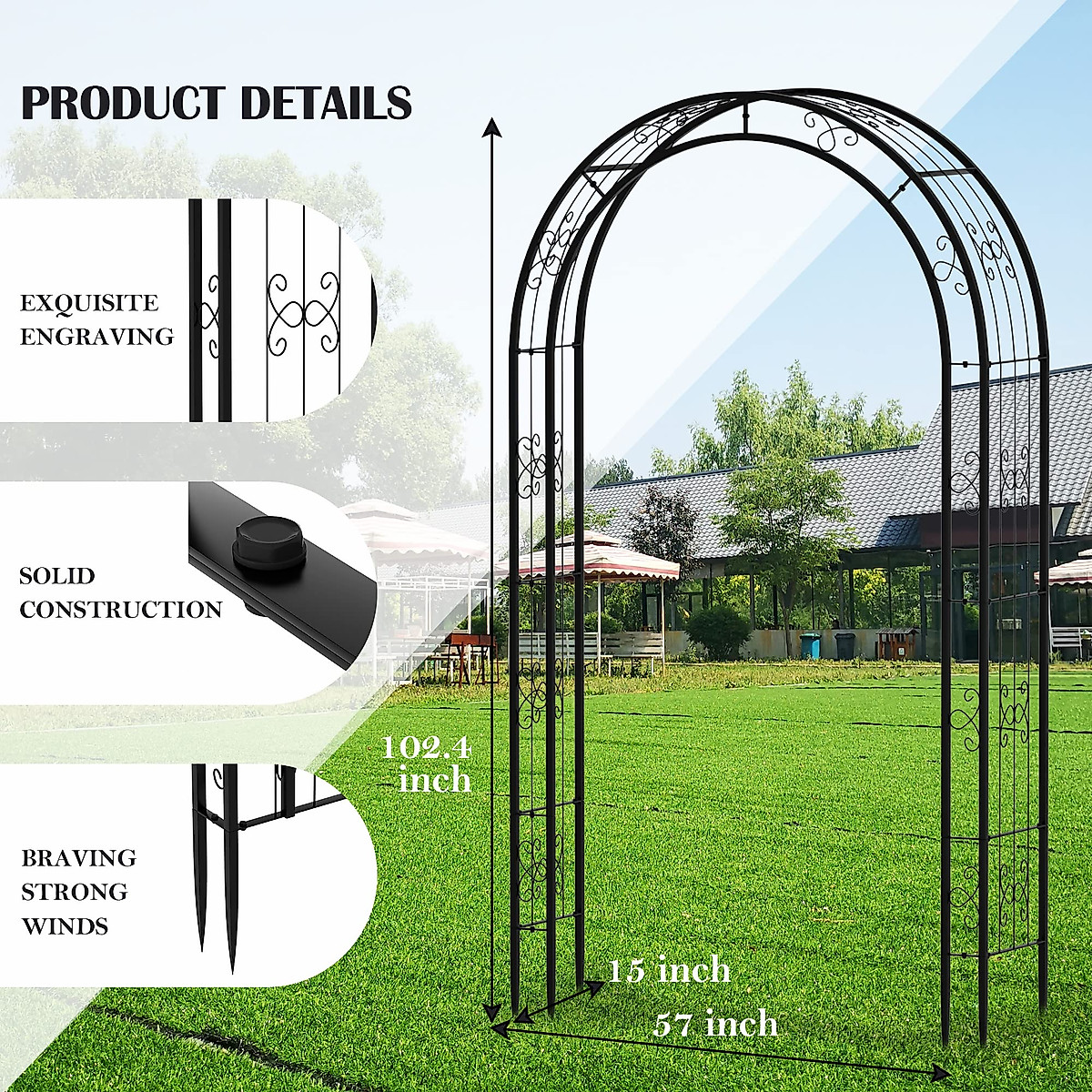 Arbuxzuy 102in Steel Garden Arch Arbor Trellis for Climbing Plants Outdoor, Yard, Wide Sturdy Durable Garden Arch for Lawn,Climbing Plants Decorative Wire Lattice,Outdoor Wedding Arch-Black