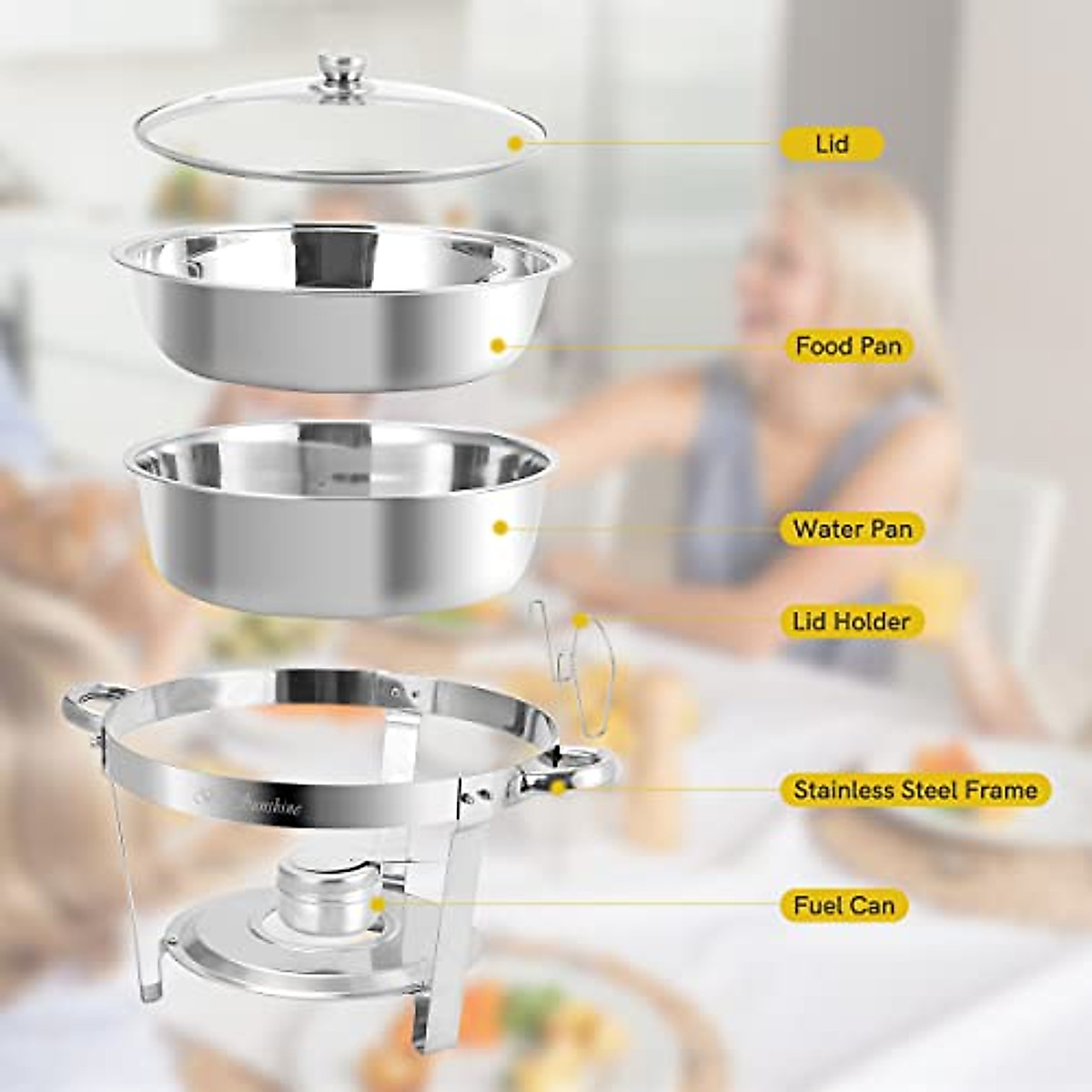BriSunshine 6 Packs 5 QT Chafing Dish Buffet Set, Stainless Steel Round Chafer Sets with Glass Lid & Lid Holder, Food Warmer For Parties Weddings Catering
