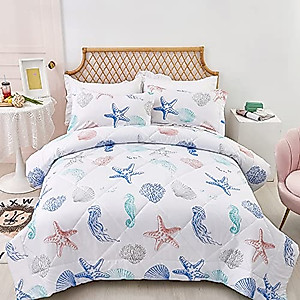 JSD Beach Theme 2 Piece Twin Kids Comforter Set, Jellyfish Starfish Shell Printed Comforter with Pillow Sham, Soft Comfortable Machine Washable