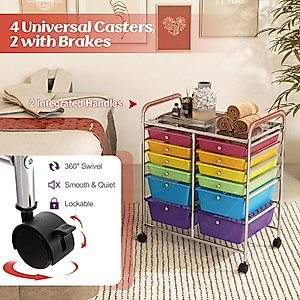 12 Drawers Rolling Storage Cart, Multipurpose Storage Organizer Cart with Lockable Casters, Mobile Utility Cart for Garage Office Home Kitchen (Rainbow+Clear)