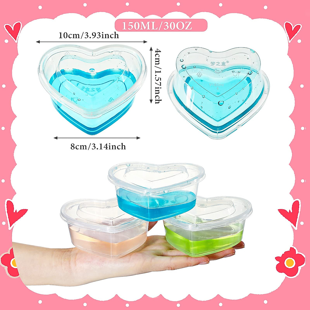 Yinkin 50 Pcs Heart Shaped Storage Containers 5 oz Heart Box Transparent Plastic Heart Containers with Lids Organizer Box for DIY Art Craft Making