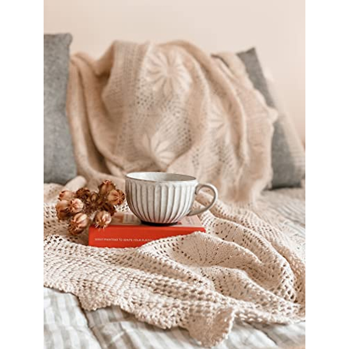 Zenviro Boho Throw Blanket - Beige, Cream Crochet Blankets - Hand Knitted Blanket - Couch Sofa Bed Blanket - Vintage Lace Blanket (50"x60")