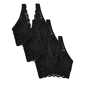 Smart & Sexy Women's Signature Lace Deep V Neck Wireless Bralette, Bralettes For Women With Support, Bralettes and Bralette Pack Black Hue/Black Hue/Black Hue M