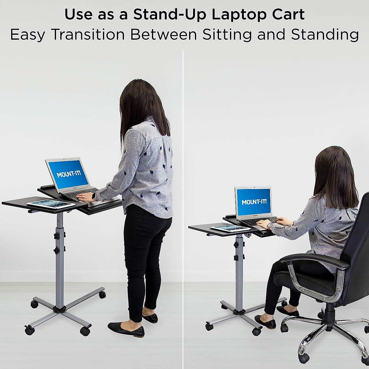 Mount-It! Rolling Laptop Tray and Projector Cart, Height Adjustable Presentation Cart with Wheels | Overbed Table with Tilting Tabletop (MI-7945)