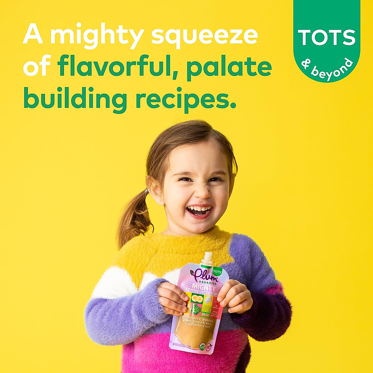 Plum Organics Mighty 4 Organic Toddler Food - Strawberry, Banana, Greek Yogurt, Kale, Amaranth, and Oat - 4 oz Pouch (Pack of 4) - Organic Fruit and Vegetable Toddler Food Pouch