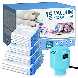 BAMCOO Vacuum Seal Bags for Clothing with Electric Pump, 15 Pack (3 Jumbo 3 Large 3 Medium 3 Small 3 Roll Up Vacuum Bags) Space Bags Vacuum Storage Bags for Travel, Luggage, Blankets, Bedding