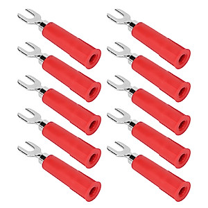 Jopwkuin U Type Banana Plug Adapter, 10 Pcs 4mm Banana Jack Female to Fork Spades Cable, Plating 30V?60V Fork Spade Wire Connectors Copper PVC for Multimeter(red)