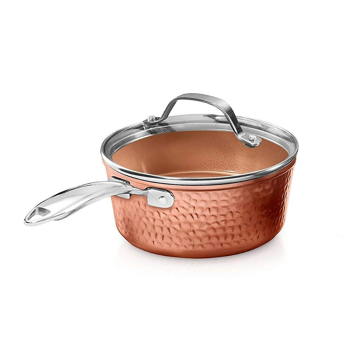 Gotham Steel Nonstick Hammered Copper Collection – 2.5 Quart Sauce Pan with Lid, Premium Cookware, Aluminum Composition with Induction Plate for Even Heating, Dishwasher & Oven Safe