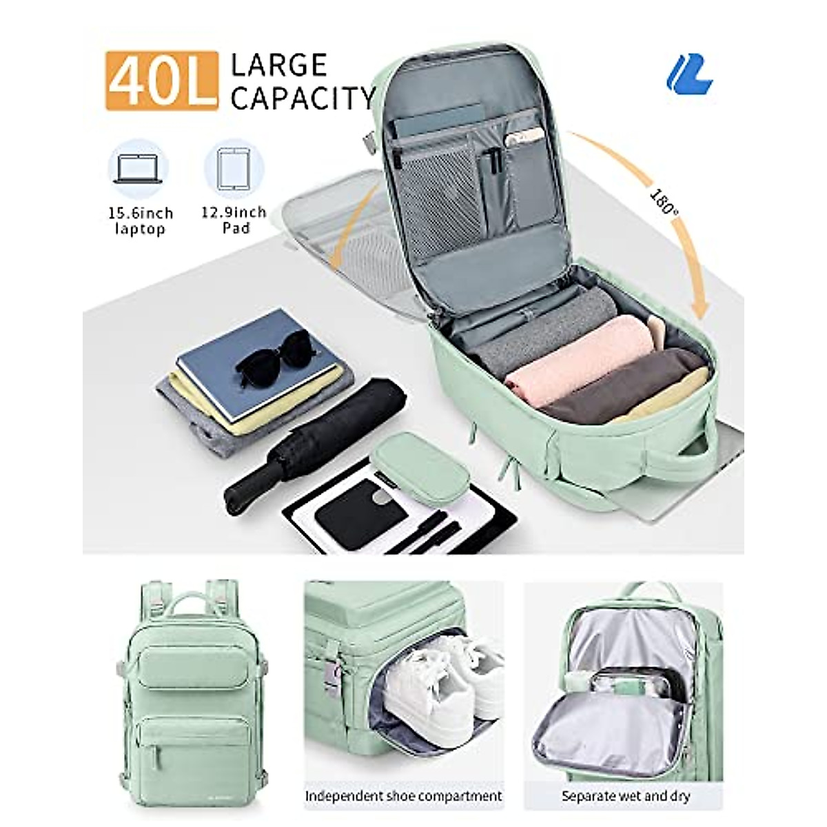 LIVACASA Waterproof Travel Backpack for Women, 40L Airline Approved Carry on Laptop Backpack with Compartment and USB Port