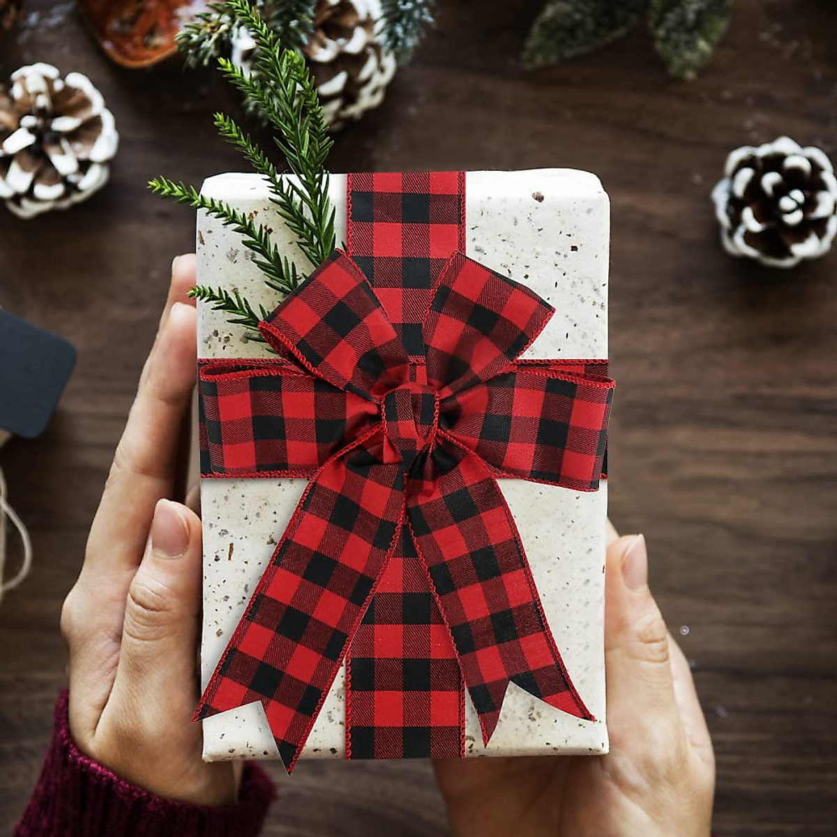 Tenn Well Buffalo Plaid Ribbon, 19.6 Yards 2.5 inch Wired Christmas Ribbon, Red and Black Plaid Ribbon for Bow Making, Gift Wrapping, Wreath Making, Christmas Tree Decoration (2 Roll x 9.8 Yards)