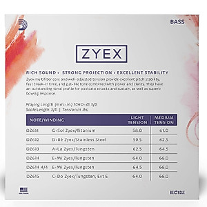 D'Addario Zyex Bass String Set, 3/4 Scale, Light Tension
