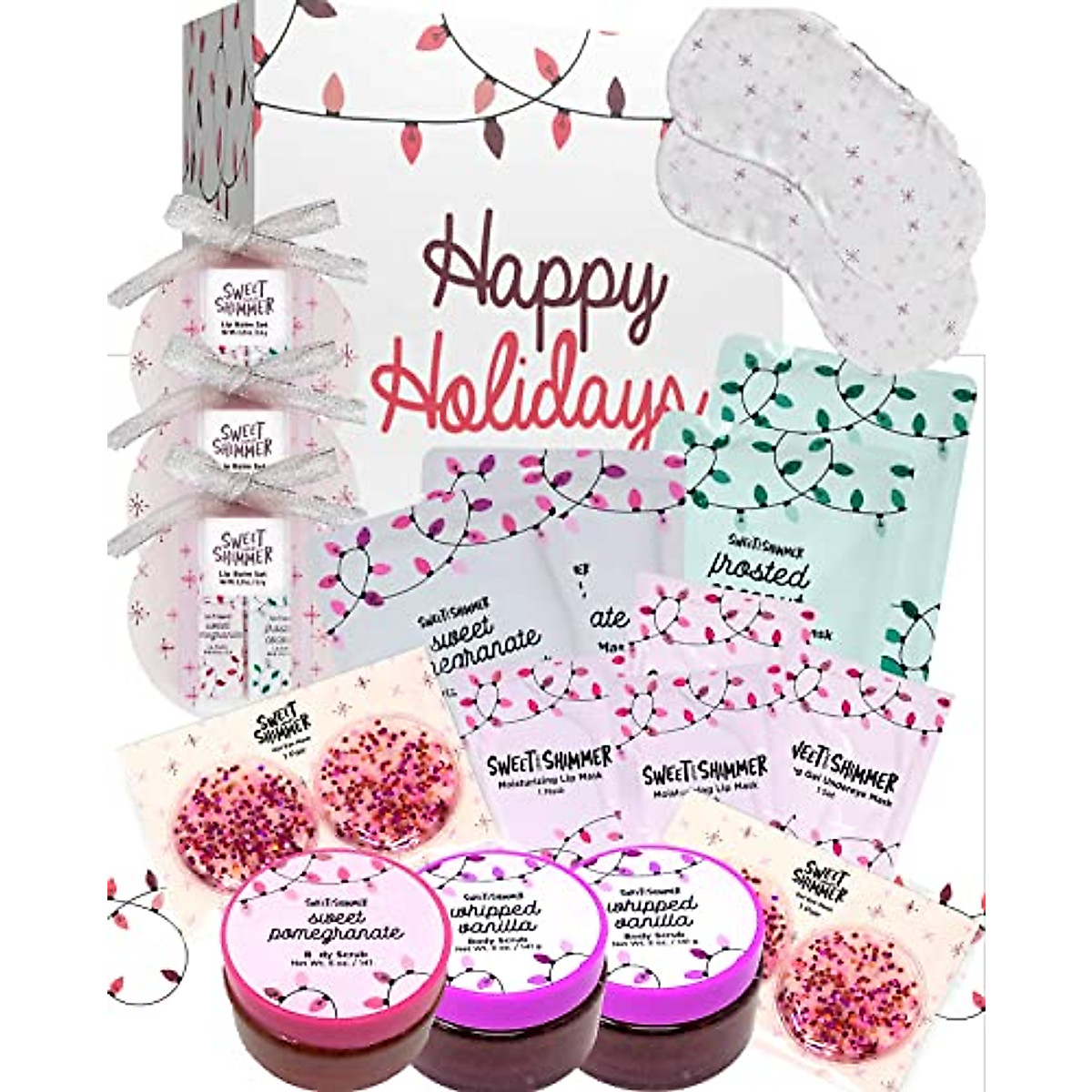 Women's Christmas Spa Gift Set 19 Piece Sweet and Shimmer Holiday Bath and Beauty Gift Set with Assorted Masks, Facial Scrubs, and Lip Balms In Holiday Gift Box, Great Stocking Stuffer, Ideal Gifts for Women