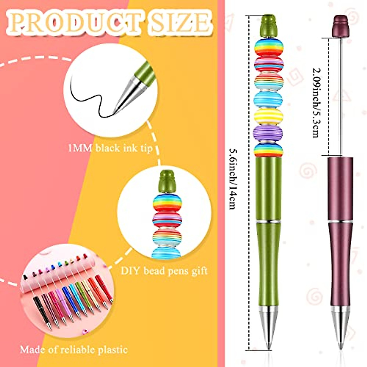 50 Pieces Plastic Beadable Pen Bulk Bead Ballpoint Pen Shaft Black Ink Beaded Pens with 50 Refills for DIY Making Gift Kids Students Office School Supplies (Bright Color)