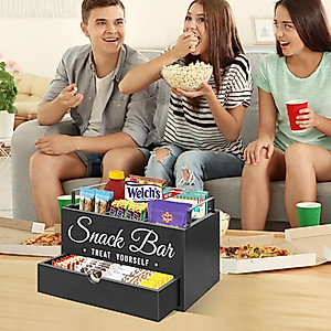 Snack Organizer for Countertop, Wood Pantry Storage Bins with Handles, Snack Organizer for Pantry, Kitchen, 4 Compartment Food Container Snack Box with Drawer, Pantry Organizer for Snacks, Chips