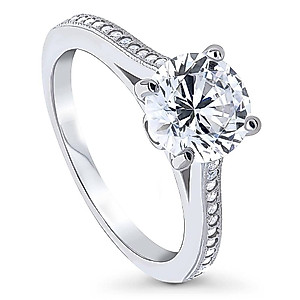 BERRICLE Sterling Silver Solitaire Wedding Engagement Rings 2 Carat Round Cubic Zirconia CZ Milgrain Promise Ring for Women, Rhodium Plated Size 9