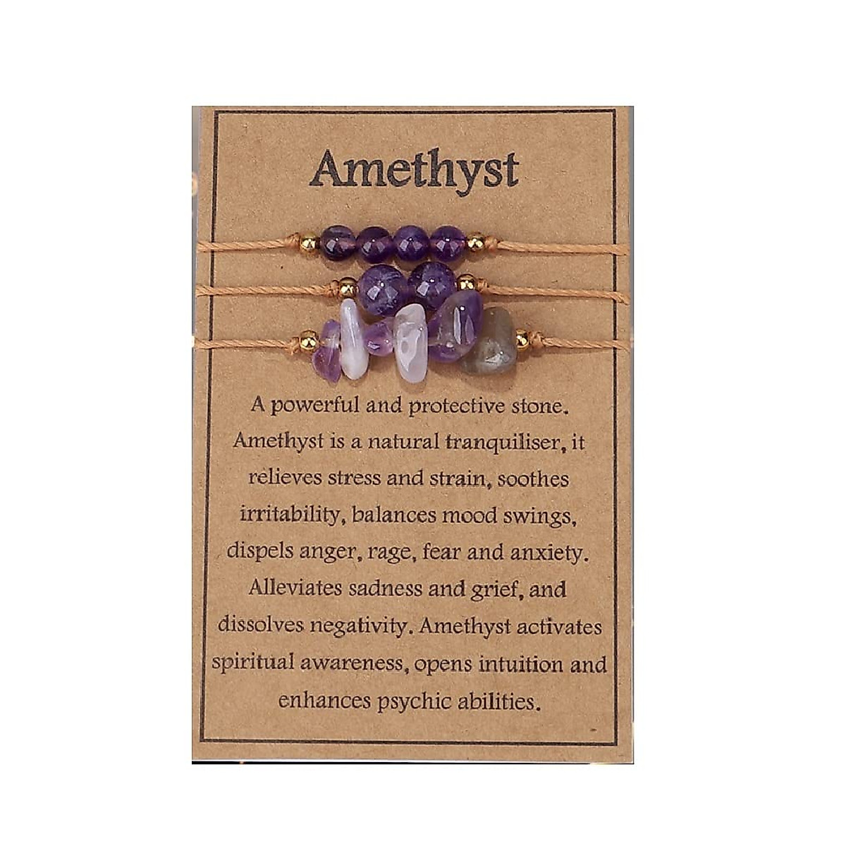 3Pcs Natural Stone Bracelet for Women Men Healing Crystal Chip Bead Bracelets Spiritual Amethyst Rose Quartz Chakra Bracelets Set Anxiety Reiki Energy Power Healing Crystals Jewelry(Amethyst)