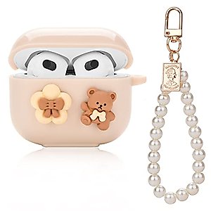 Mainrenka Cute Kawaii AirPod 3rd Generation Case for Women Girl, Aesthetic AirPods 3 (2021) Case with Pearl Keychain