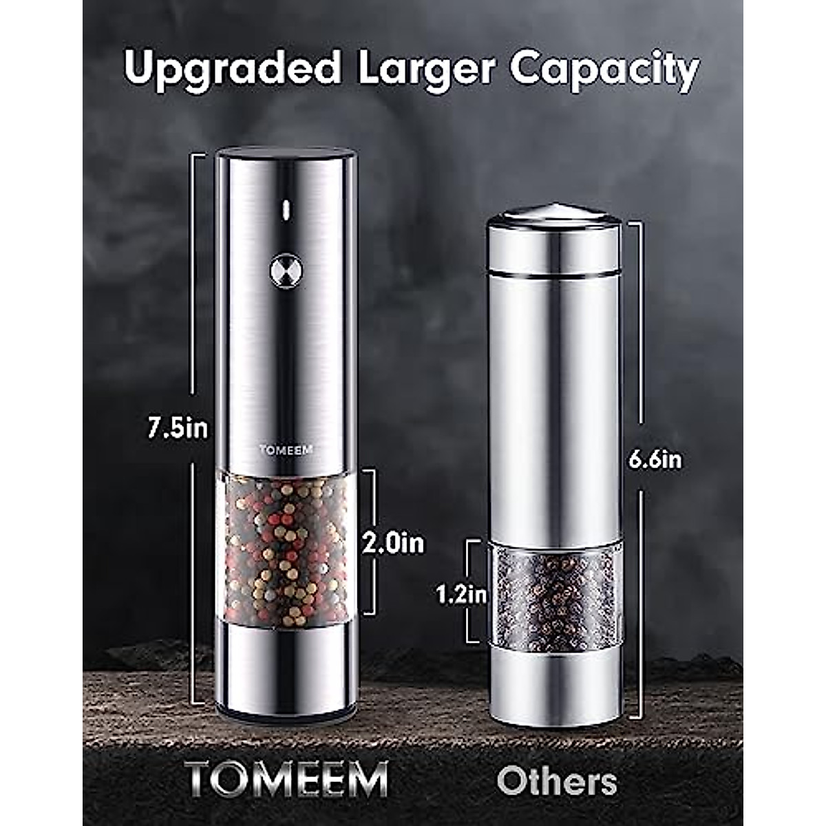 [Upgraded Larger Capacity] Electric Salt and Pepper Grinder Set Rechargeable with LED lights - Stainless Steel Automatic Pepper Grinder and Salt Grinder Refillable with 6 Adjustable Coarseness