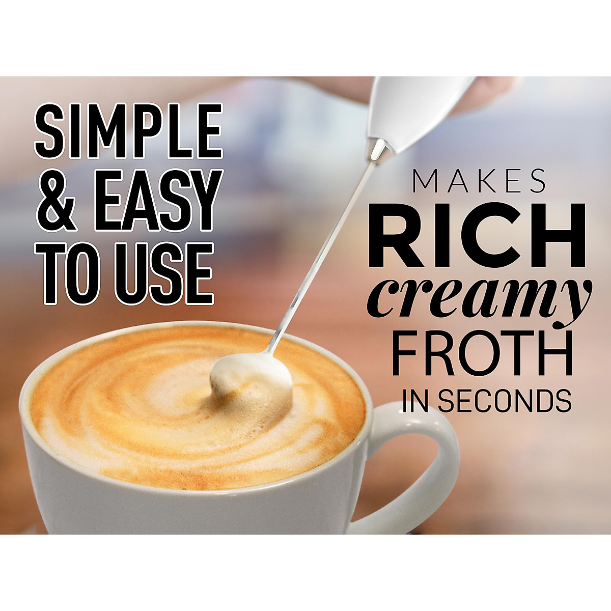 PRO MILK FROTHER WAND - ULTRA HIGH SPEED HANDHELD FROTHER - UPGRADED STAND - Powerful Handheld Mixer with Infinite Uses - Super Instant Electric Foam Maker with Stainless Steel Whisk (White)