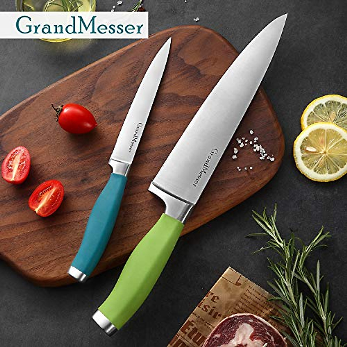 GrandMesser Chef Knife Set, 8" Chef's Knife & 5" Paring Knife with High Carbon German Stainless Steel Forging, Ergonomic Color Non-Slip Handle, Kitchen Knife with Gift Box.