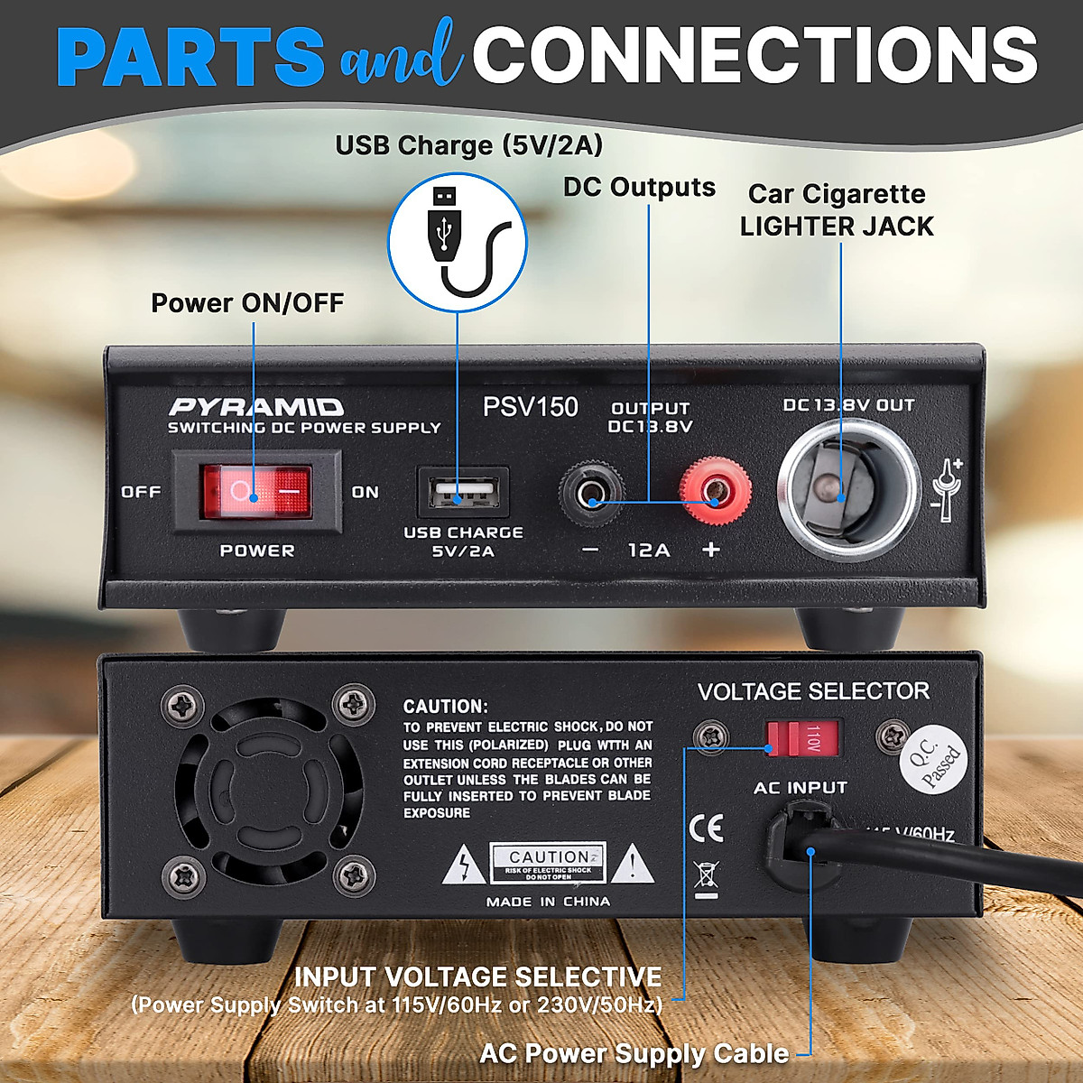 Pyramid Universal Compact Bench Power Supply- 12Amp Variable Linear Regulated Home Lab Benchtop AC-DC Power Converter - USB Port,Cigarette Lighter,115/230V AC,Screw Terminal,Cooling Fan - PSV150,Black