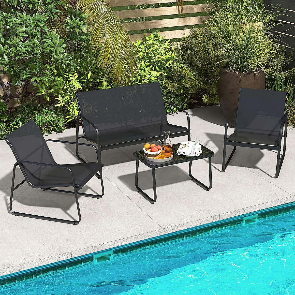 Tangkula 8 Pieces Patio Furniture Set, Outdoor Conversation Set with Tempered Glass Coffee Table, Outdoor Garden Porch Furniture Set with Breathable Fabric and Rustproof Metal Frame (2, Black)