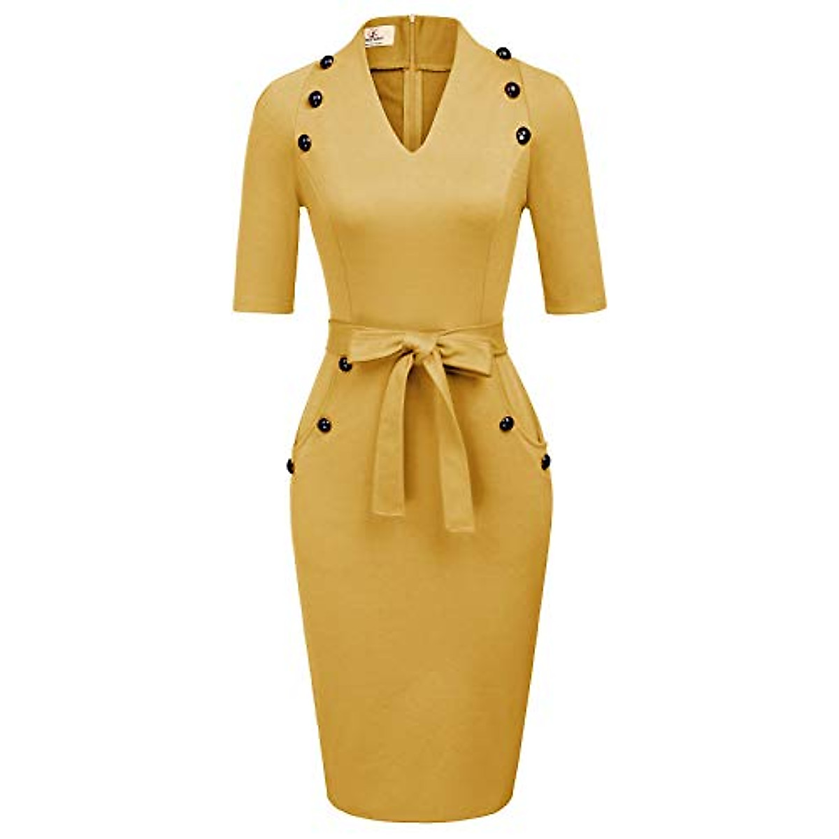 GRACE KARIN Women Vintage Short Sleeve Slim Fit Belted Business Pencil Dress Yellow