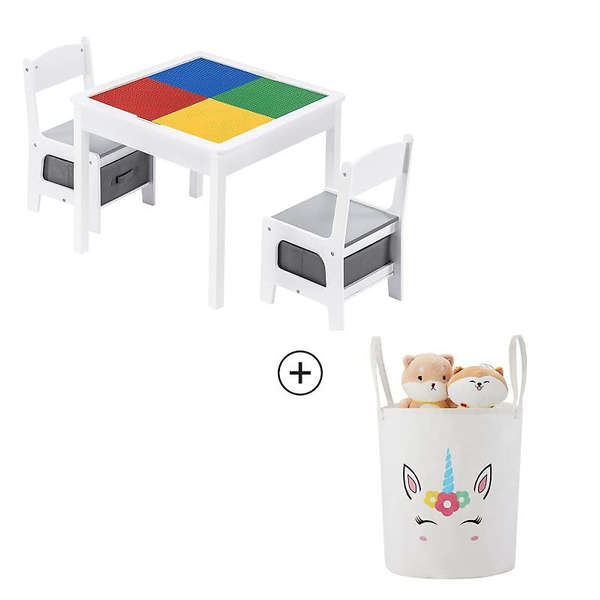 TECHMILLY Wooden Kids Table and Chair Set & Large Storage Basket for Girls and Boys