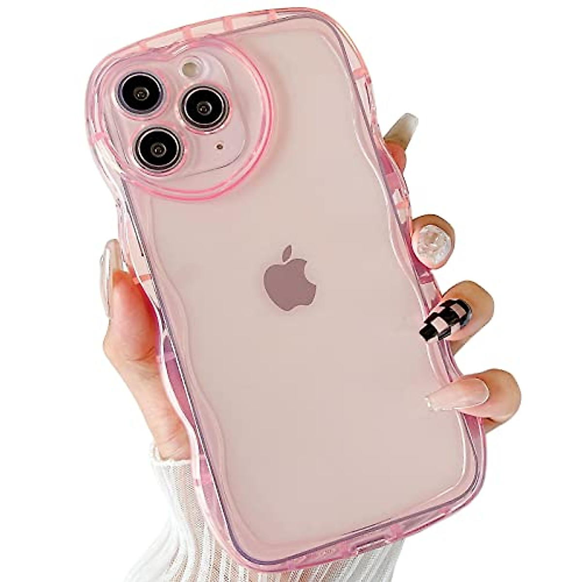 Qokey for iPhone 11 Pro Max Case(2019 6.5"),Cute Clear Love Case,with Love-Heart Camera Frame Wavy Edge Transparent Full Protection Soft TPU Shockproof Phone Case Cover for Women Girls,Pink
