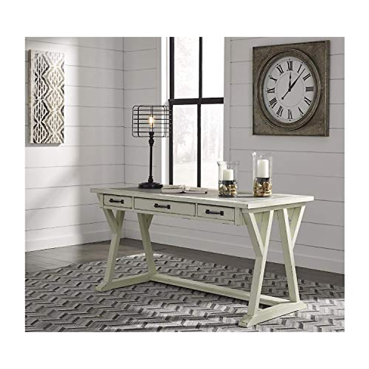 Signature Design by Ashley Jonileene Farmhouse Home Office Desk with Drawers, White & Gray