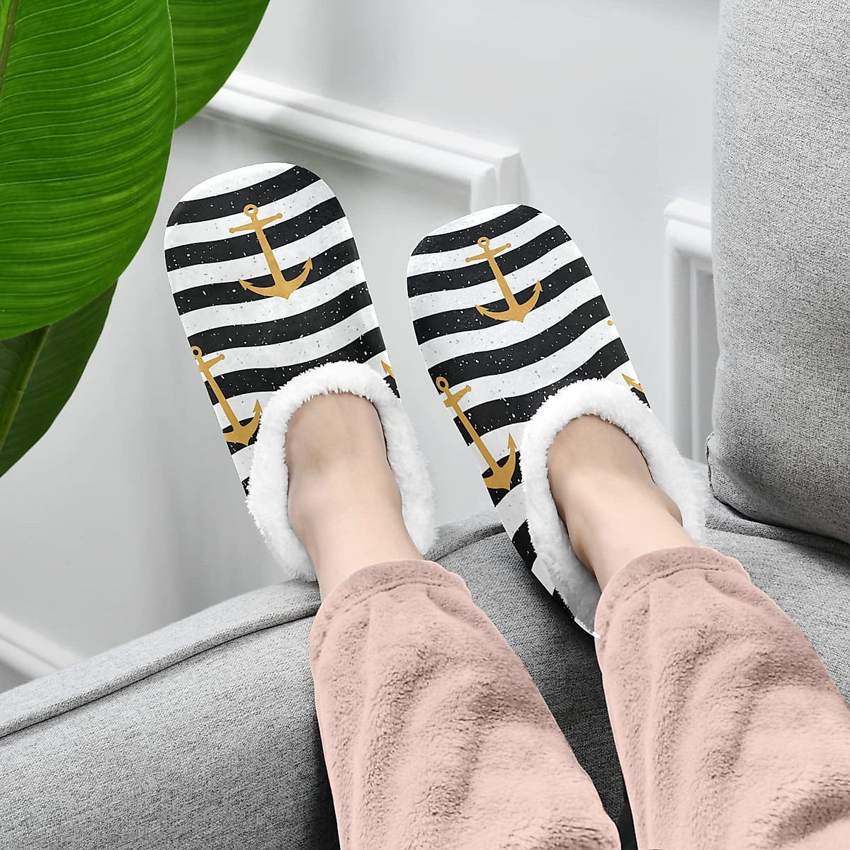 Indoor Slippers for Women Men Nautical Sea Anchor Stripe House Slipper Socks with Grippers Non-Slip Fuzzy Feet Slippers Winter Warm Flip Flop (Men 11-12)