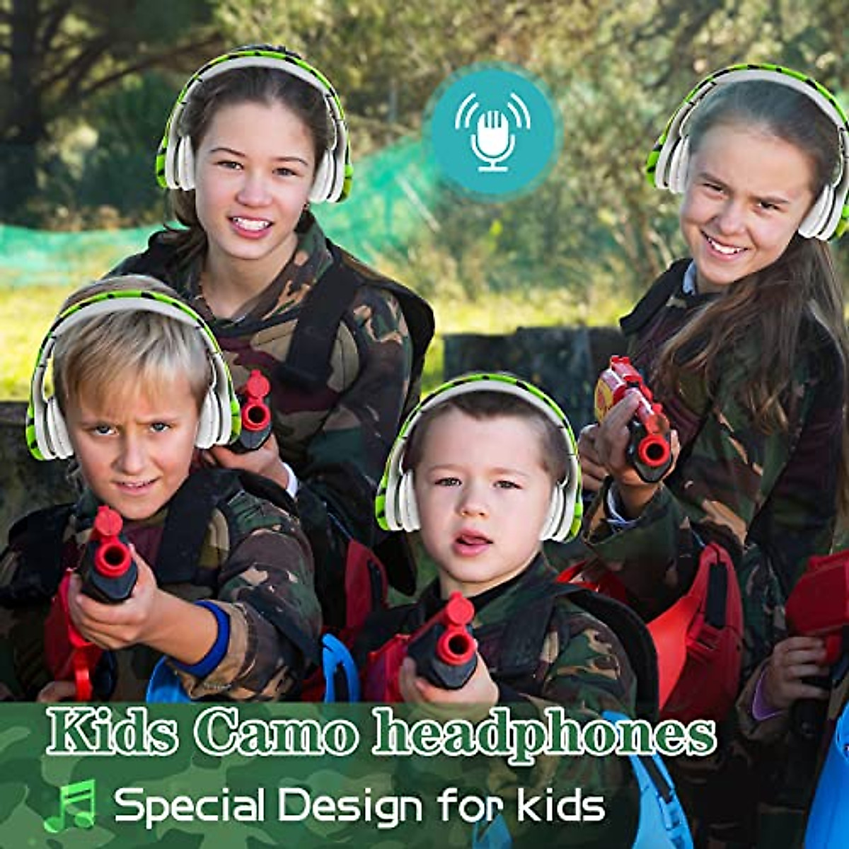 YUSONIC Kids Headphones with Graphic Design, Two Audio Port for Sharing,85 db Toddler Headphones for Kids with mic Boys Girls Baby Children Toddlers School Travel use (camo Green)