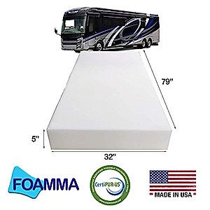 Foamma 5” x 32” x 79” Truck, Camper, RV High-Density Bunk Mattress Foam Replacement, Made in USA, Comfortable, Travel Trailer, CertiPUR-US Certified, Cover Not Included