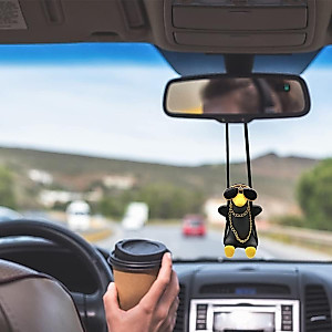 Swinging Duck Hanging Ornament, Cute Accessories for Rear View Mirror, Car Pendant With Black Sunglasses, Hanging Swing