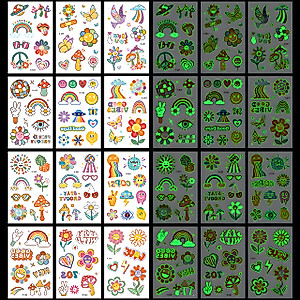 Finduat Glow In The Dark Groovy 70s Temporary Tattoos Stickers Kids Waterproof Luminous Tattoo Stickers Hippie Theme Birthday Party Supplies, Good Vibes Only Favors, Rainbow Arts and Crafts