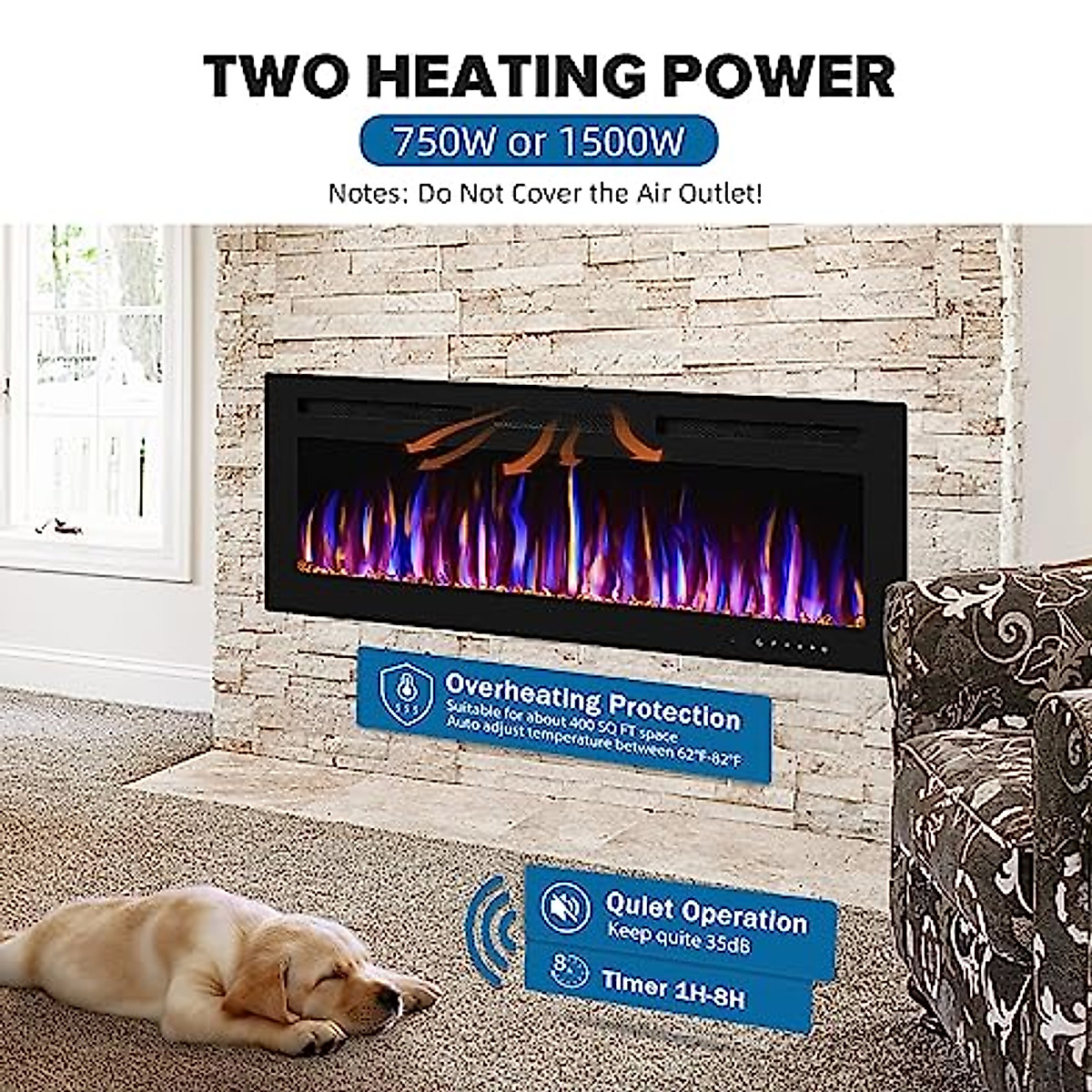 BETELNUT Electric Fireplace 50IN Wall Mounted and Recessed with Remote Control, 750/1500W Ultra-Thin Wall Fireplace Heater W/Timer Adjustable Flame Color and Brightness, Log Set & Crystal Options