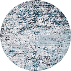 Rugs.com Leipzig Collection Round Rug – 7 Ft Round Blue Low-Pile Rug Perfect for Kitchens, Dining Rooms