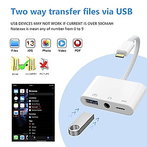 USB + 3.5mm AUX Adapter for iPhone/iPad, USB Camera Adapter and 3.5mm Headphone Audio Jack Adapter with iPhone Charger Splitter, 3 in 1 USB OTG Adapter for iPhone iPad,USB Flash Drive, Keyboard, Mouse