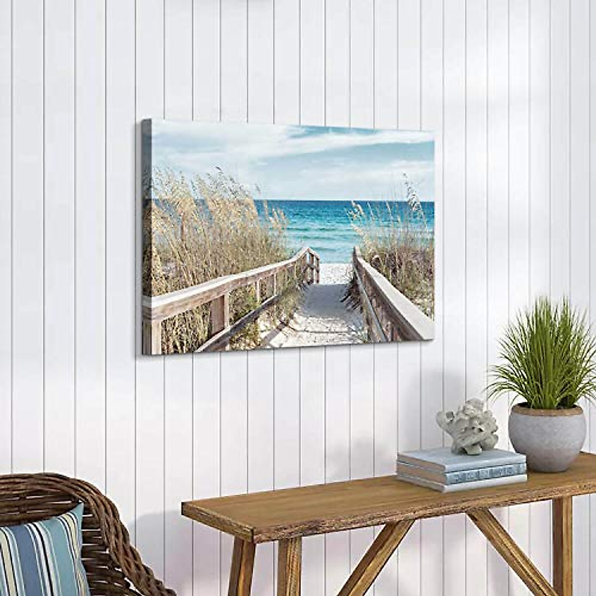 TAR TAR STUDIO Beach Artwork Seascape Wall Art: Seaside Painting Fence Pathway Picture Print on Wrapped Canvas for Living Room (36''W x 24''H, Multiple Sizes)