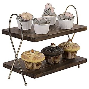 MyGift 2 Tier Burnt Wood and Brass Metal Server Cupcake Holder Stand, Dessert and Appetizer Tower, Buffet Serving Riser Display