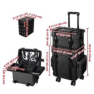 BYOOTIQUE 2in1 Soft Sided Rolling Makeup Train Case Trolley Freelance Makeup Artist Cosmetic Organize Storage Travel Case with Wheels Classic Black