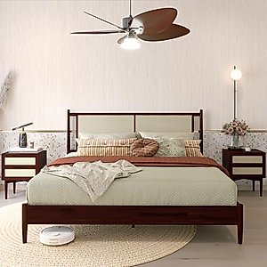 Bme Oliver King Bed Frame and Headboard - 15-Inch Signature Design with Rattan Headboard, Bohemian and Mid Century Style, 12-Slat Wood Support, No Box Spring Needed - Easy Assembly, Walnut